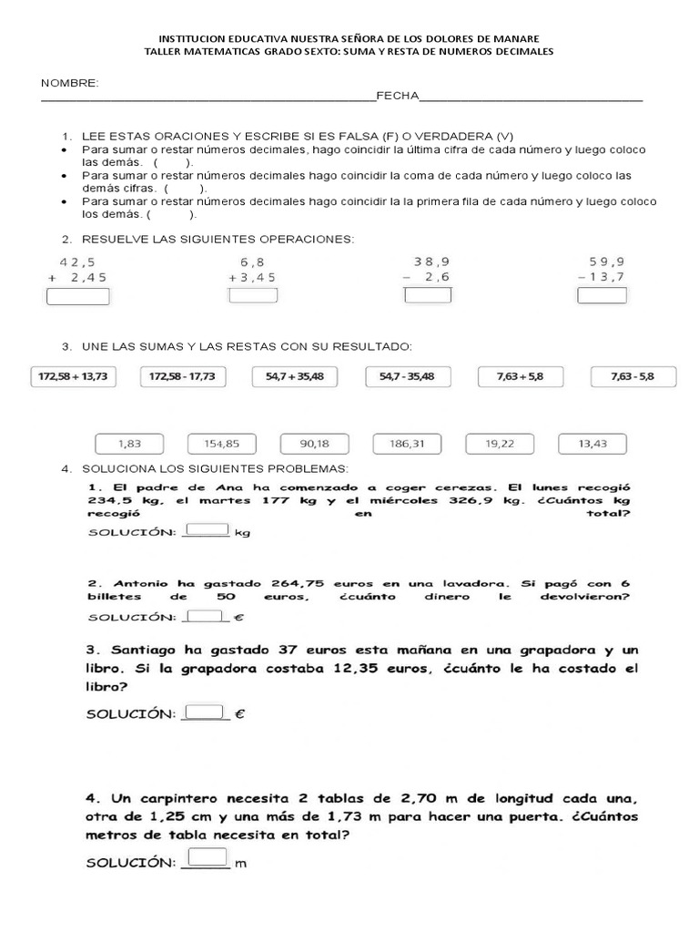 TALLER SUMAY RESTA DE DECIMALES Grado Sexto | PDF | Métodos y ...