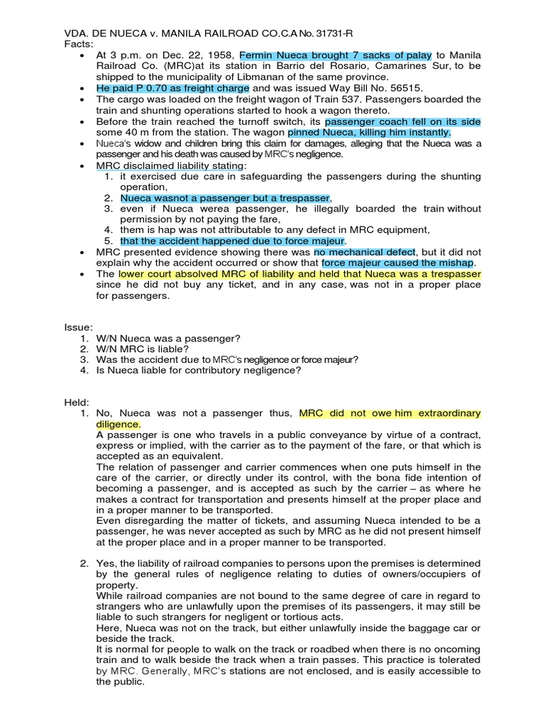 VDA. DE NUECA v. MANILA RAILROAD CO. | PDF | Legal Liability | Negligence