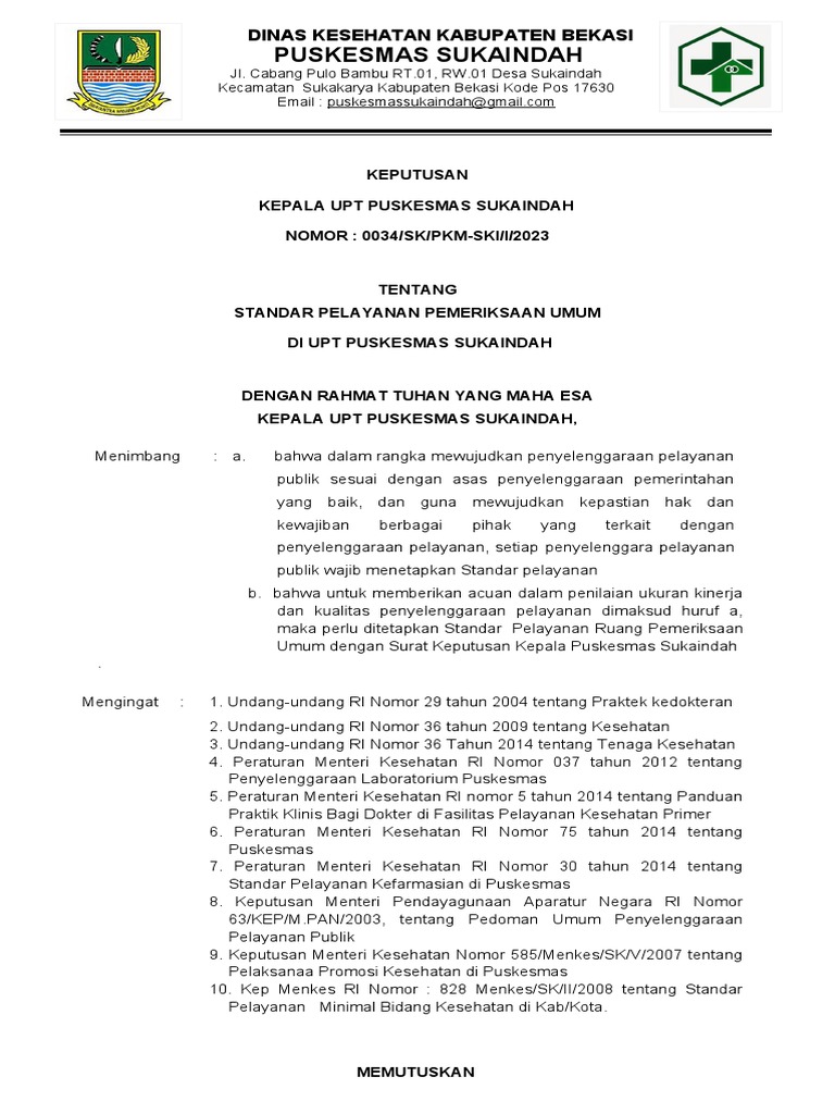SK Standar Pelayanan Pemeriksaan Umum | PDF