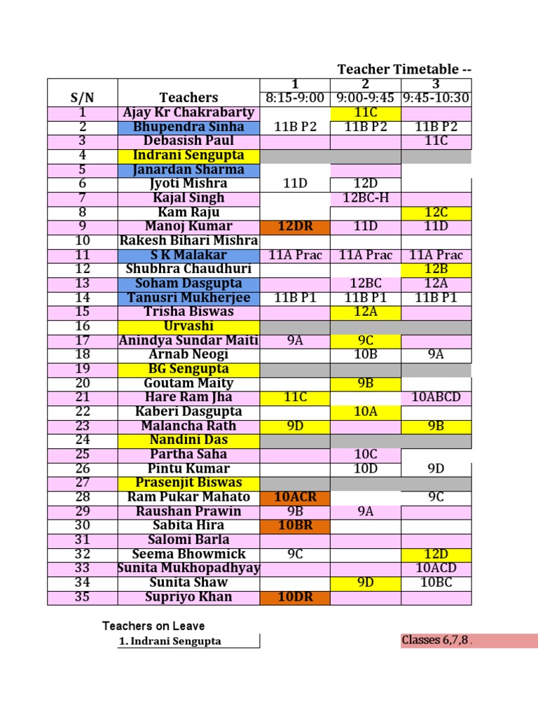 Teacher Timetable for Classes 1-5 | PDF
