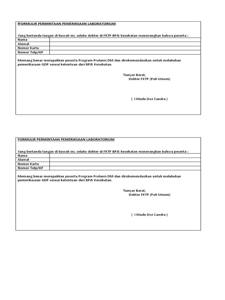 FORMULIR PERMINTAAN PEMERIKSAAN LABORATORIUM GDP Bpjs | PDF