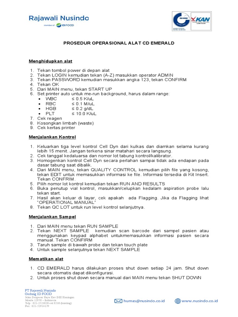 SOP Penggunaan Cell-Dyn Emerald 18 | PDF