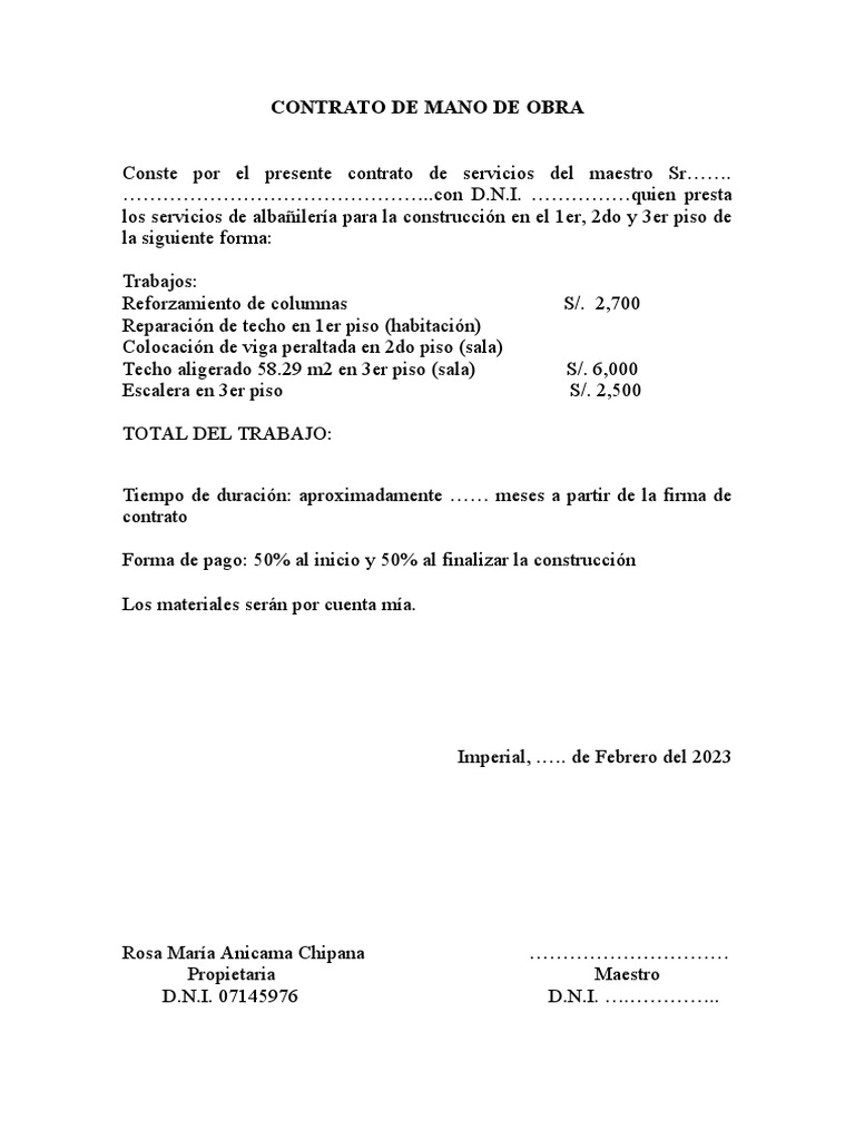 Contrato de Mano de Obra | PDF