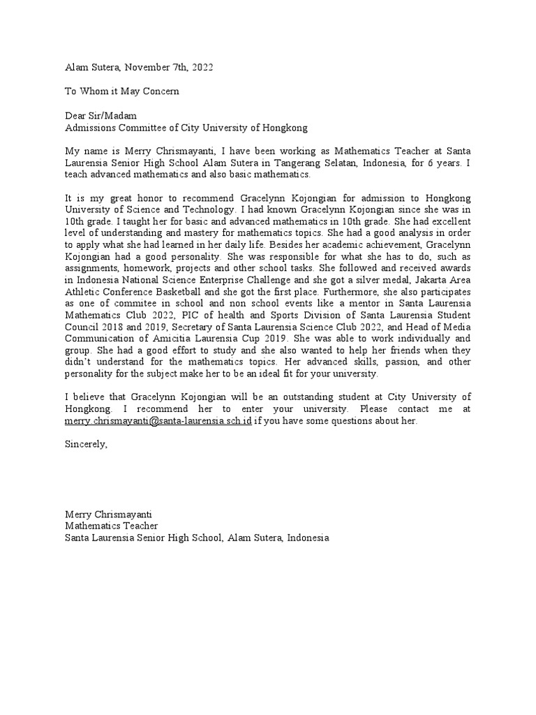 Recommendation for Gracelynn Kojongian | PDF