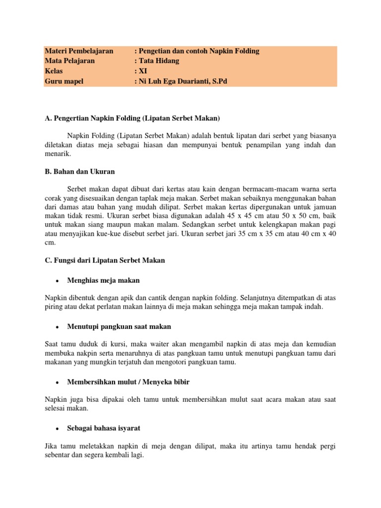 Pengertian Dan Contoh Napkin Folding | PDF