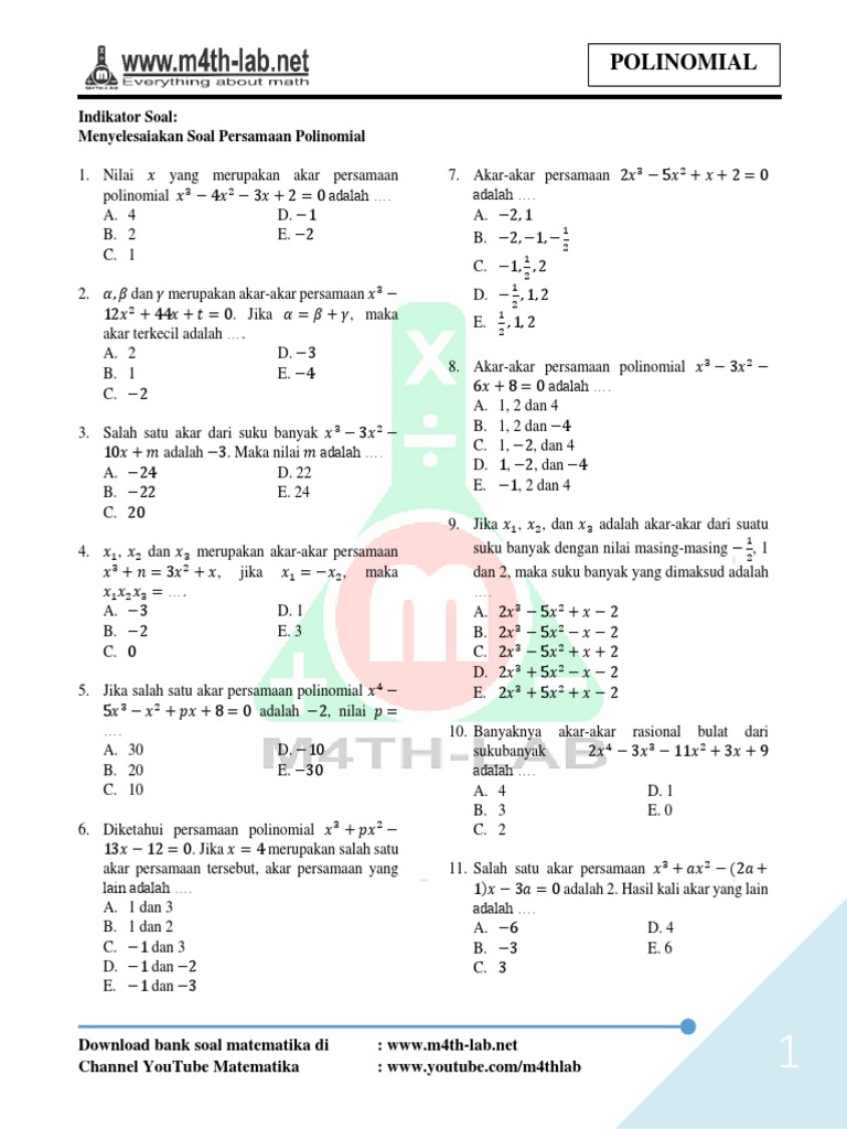 Soal Latihan Polinomial Kelas 11 | PDF