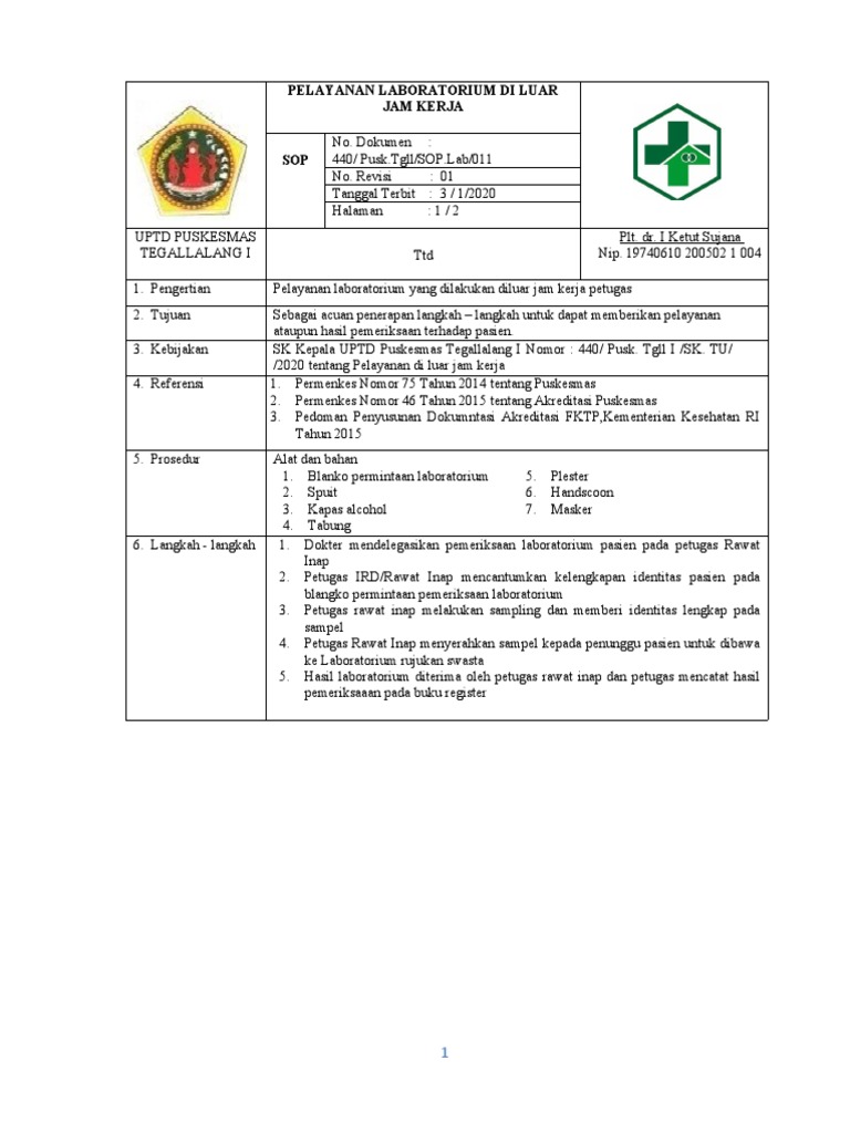 Pelayanan Lab Diluar Jam Kerja | PDF