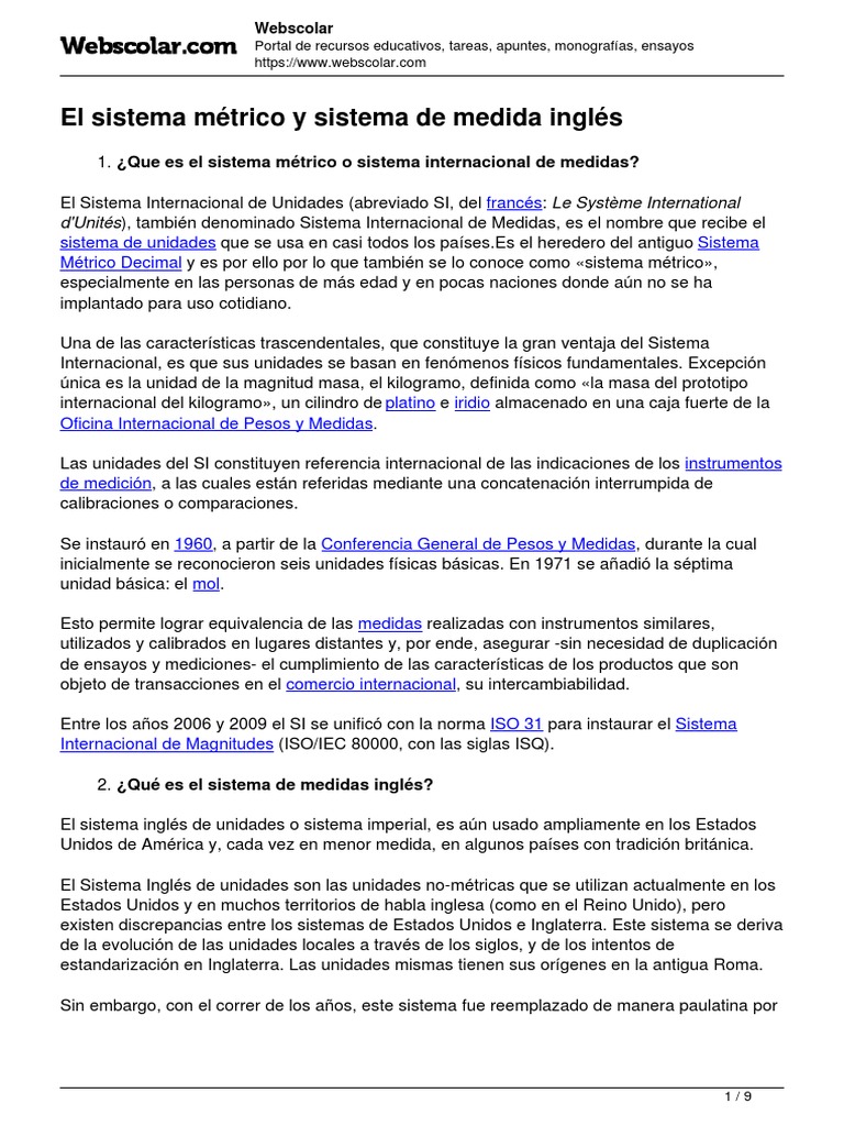 El Sistema Metrico y Sistema de Medida Ingles | PDF | Sistema ...