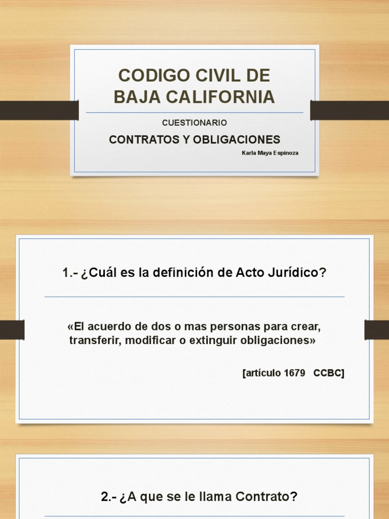 Cuestionario sobre contratos y obligaciones según el Código Civil de Baja California | PDF ...
