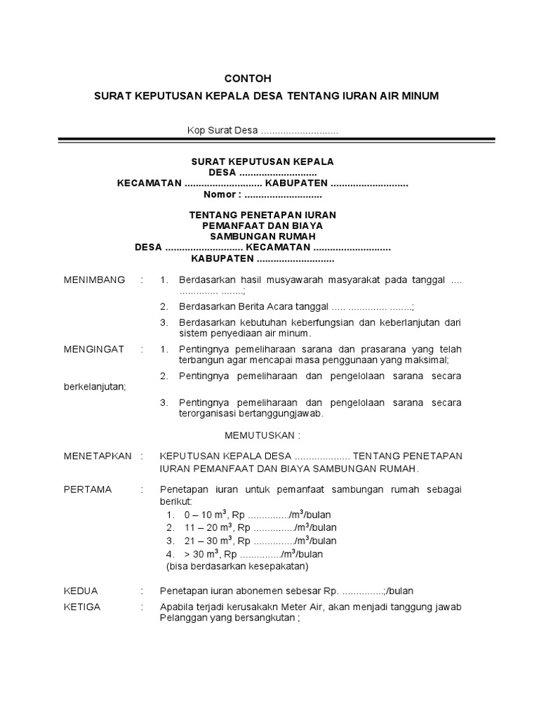 Contoh SK Kepala Desa TTG Penetapan Iuran Air Minum DGN Meteran | PDF