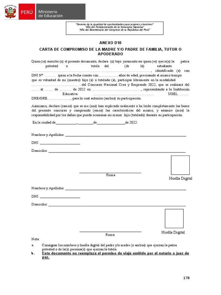 Anexo D10 Carta de Compromiso de La Madre Y/O Padre de Familia, Tutor O Apoderado | PDF ...