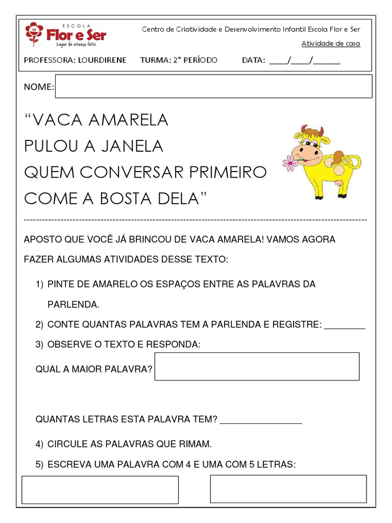 Atividades da Parlenda Vaca Amarela | PDF