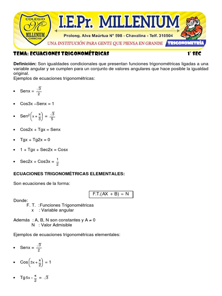 Ecuaciones Trigonometricas - 1° Sec | PDF | Funciones trigonométricas | Trigonometría
