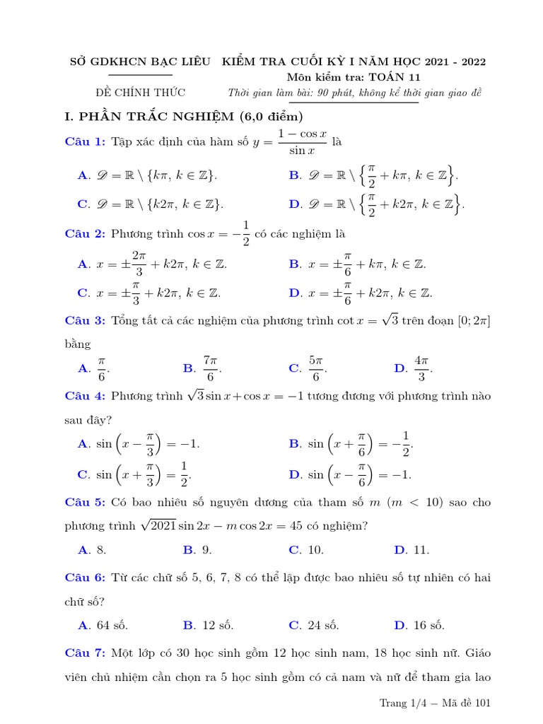 De Kiem Tra Cuoi Ki 1 Toan 11 Nam Hoc 2021 2022 So GDKHCN Bac Lieu | PDF