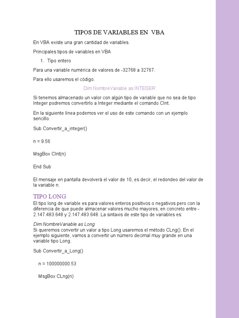 Tipos de Variables en Vba | PDF | Cadena (informática) | Variable (informática)