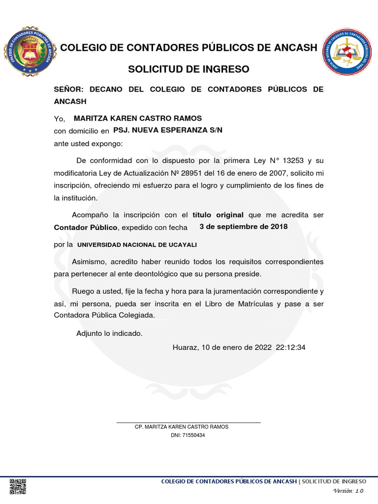 Solicitud de Ingreso | PDF