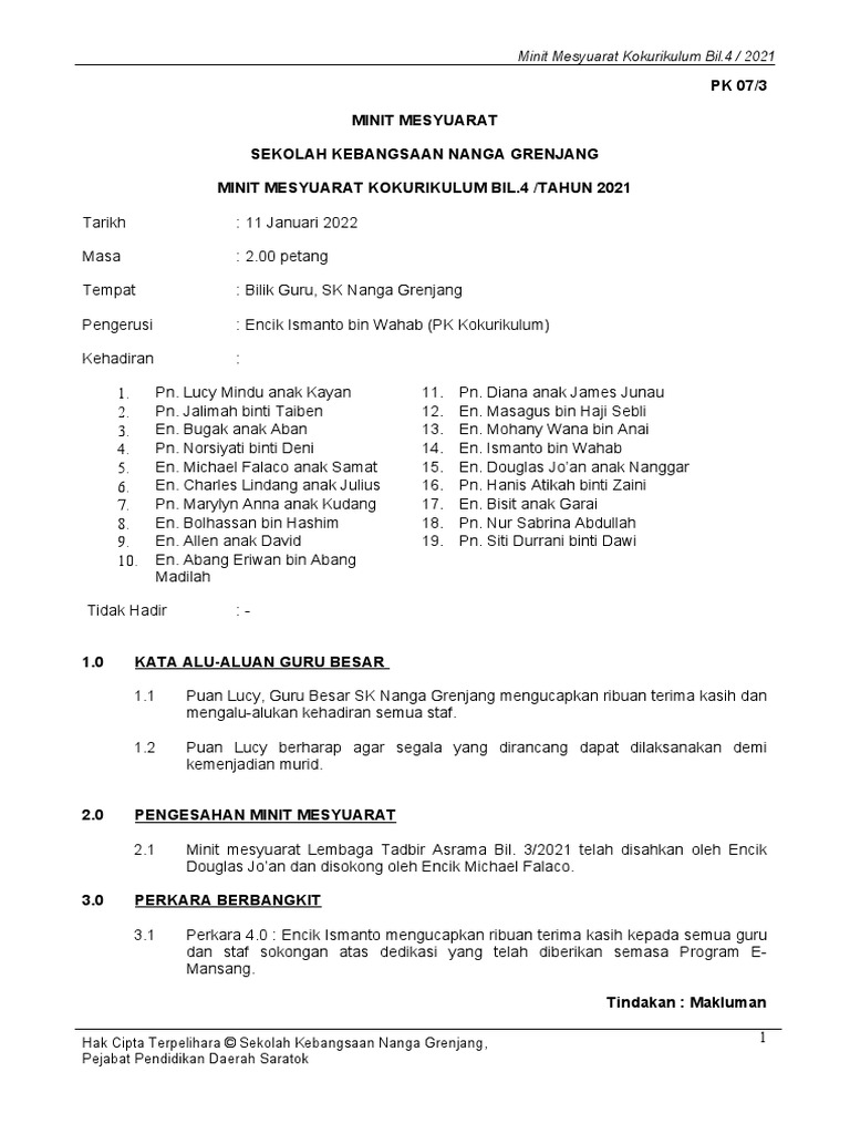 Minit Mesyuarat Kokurikulum Bil 1 2022 | PDF
