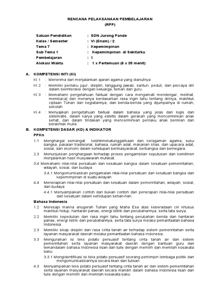 RPP Kelas 6 SD K13 Tema 7 | PDF