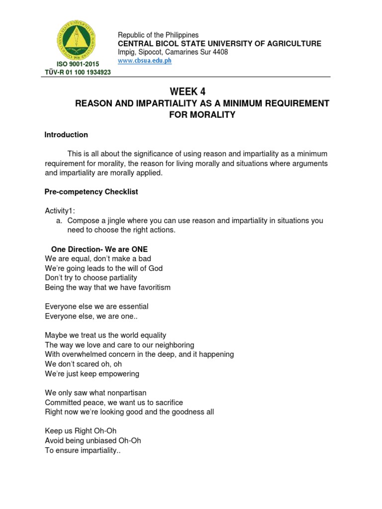 Week 4 GEC 4 ETHICS - REASON AND IMPARTIALITY RHEA C. DAGAAS BSED-SCI1A | PDF | Morality | Reason
