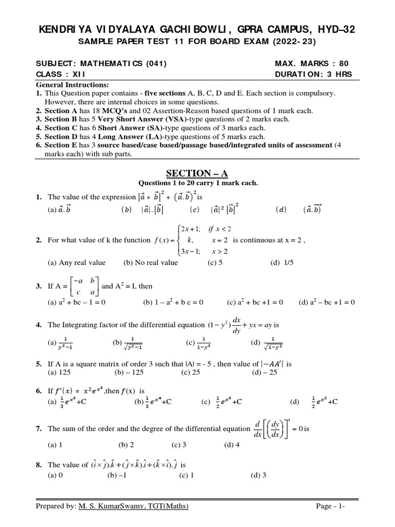 Maths Class Xii Sample Paper Test 11 For Board Exam 2023 | PDF | Maxima ...