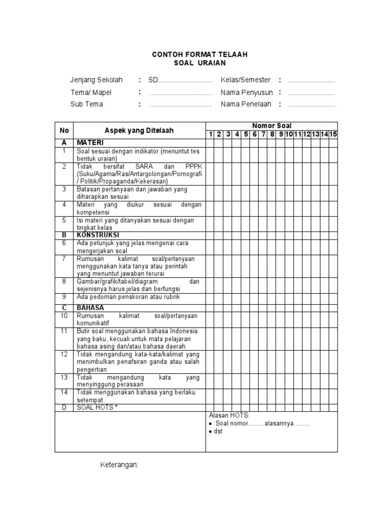 Contoh Format Telaah Soal Uraian | PDF