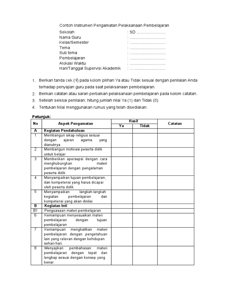 Contoh Instrumen Pengamatan Pelaksanaan Pembelajaran | PDF