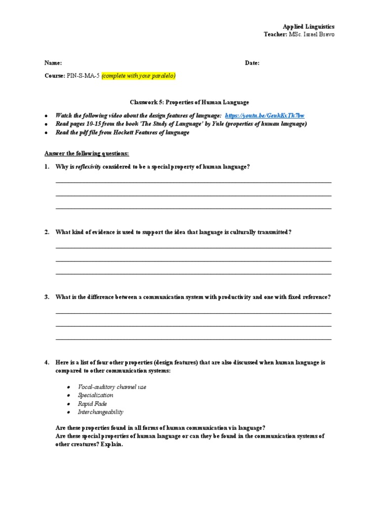 Classwork 5 Properties of Human Language | PDF | Cognitive Psychology | Science