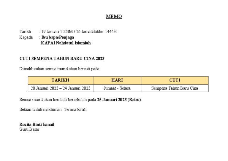 Cuti Sempena Tahun Baru Cina 2023 | PDF