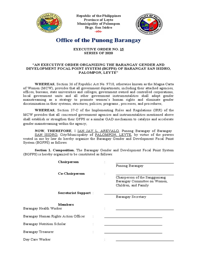 E.O. #16 Barangay Gender and Development Focal Point System | Download ...