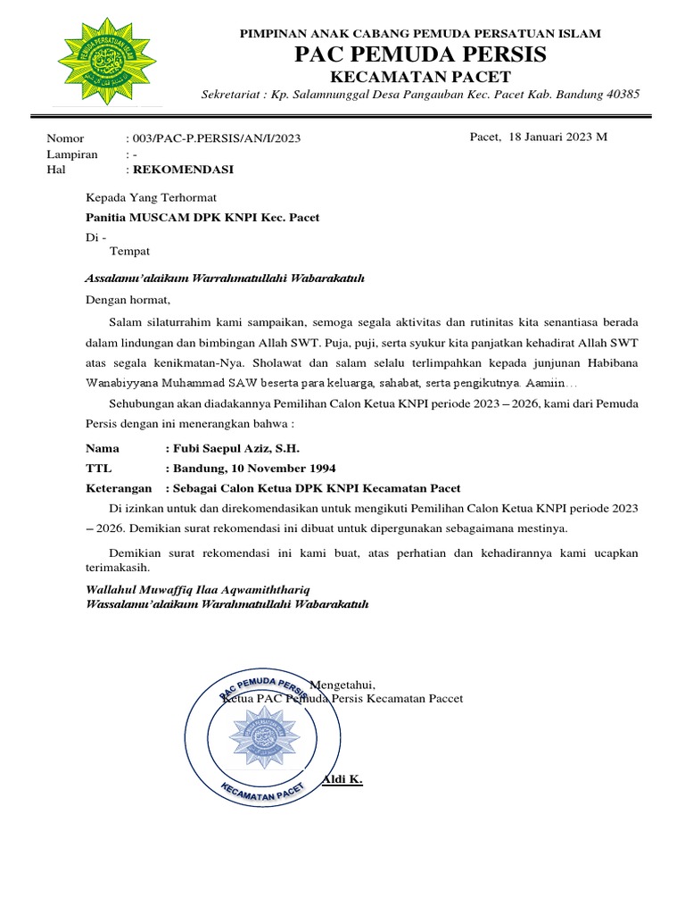 Surat Rekomendasi Pemuda Persis | PDF