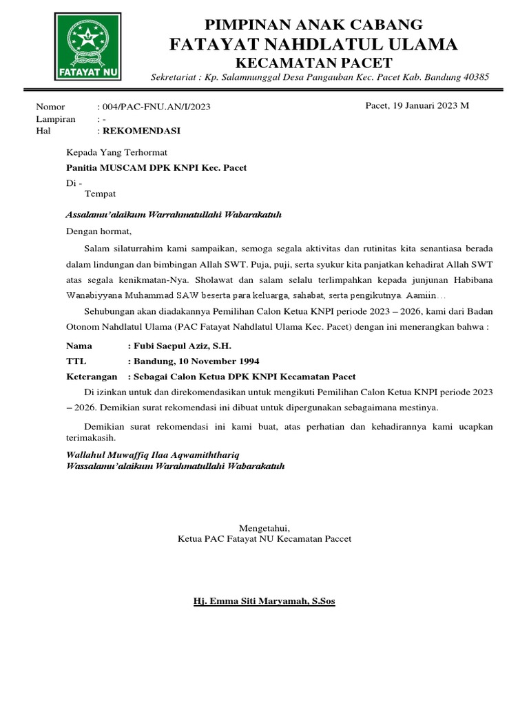 Surat Rekomendasi Fatayat NU | PDF