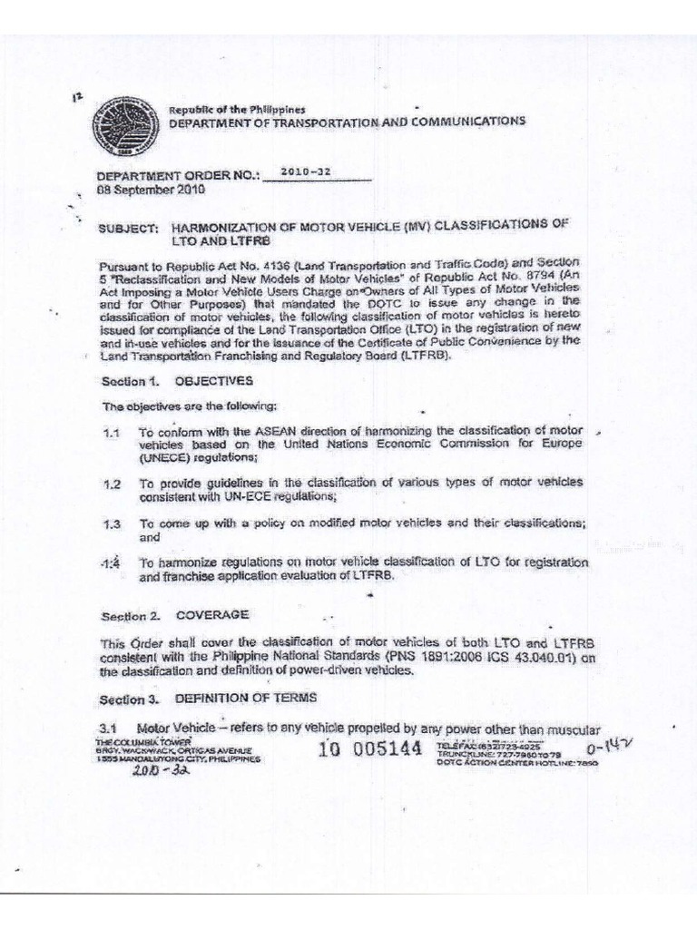 Dep Order 2010-32 - Harmonization of Motor Vehicle (MV) Classifications ...