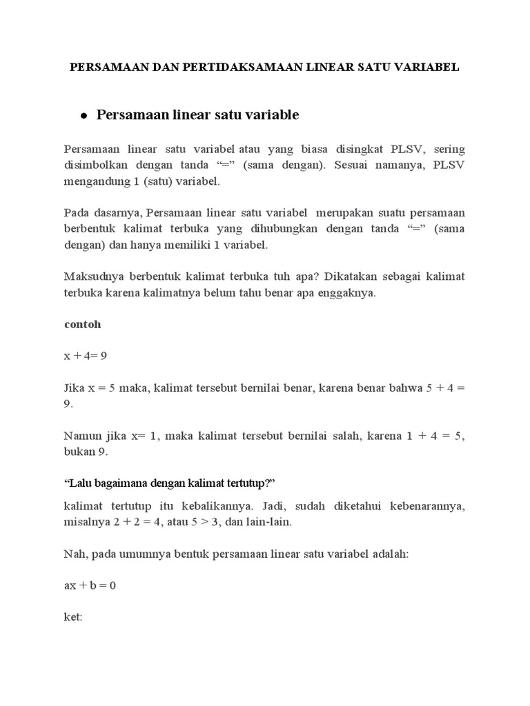 Bahan Bacaan Persamaan Dan Pertidaksamaan Linear Satu Variabel | PDF