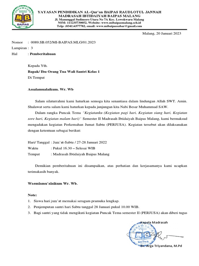 Surat Perjusa Kelas 1 2022-2023 | PDF