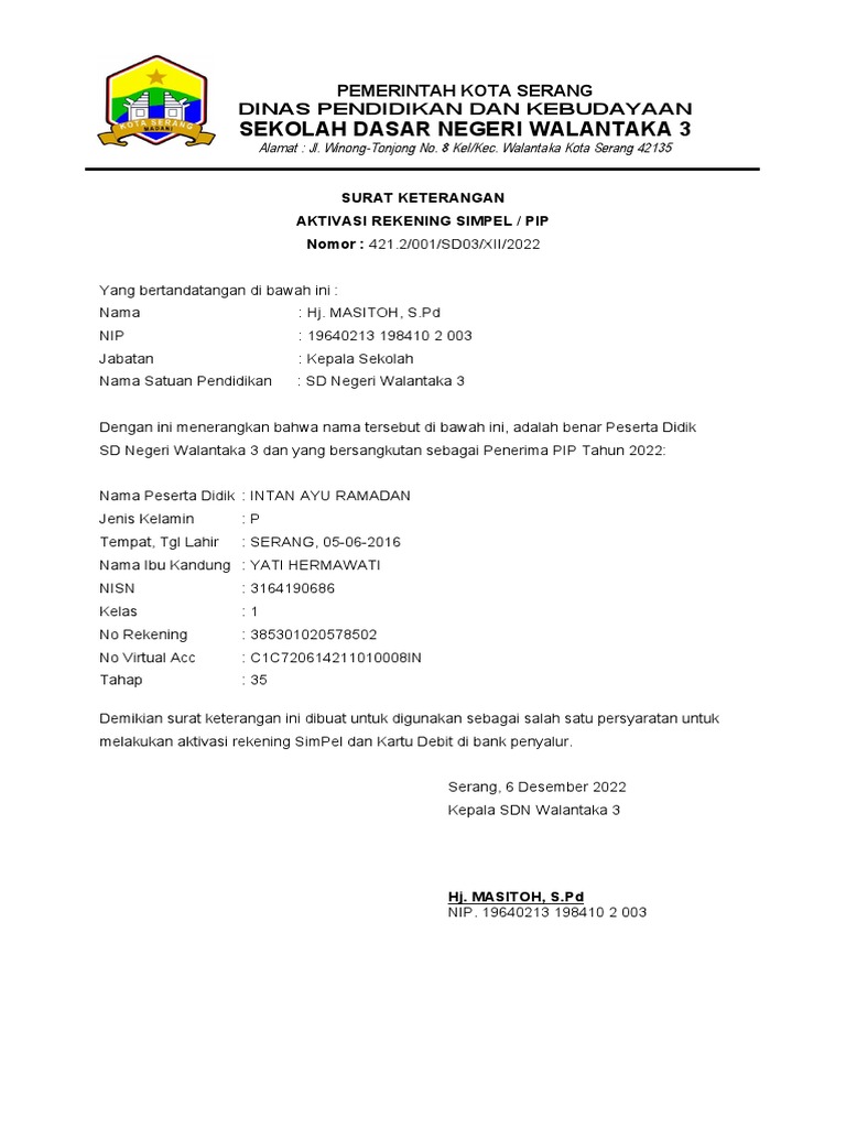 Surat Keterangan Aktivasi Rekening SimPel PIP | PDF