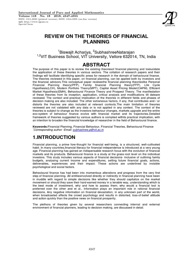 Review On The Theories of Financial Planning | PDF | Modern Portfolio ...
