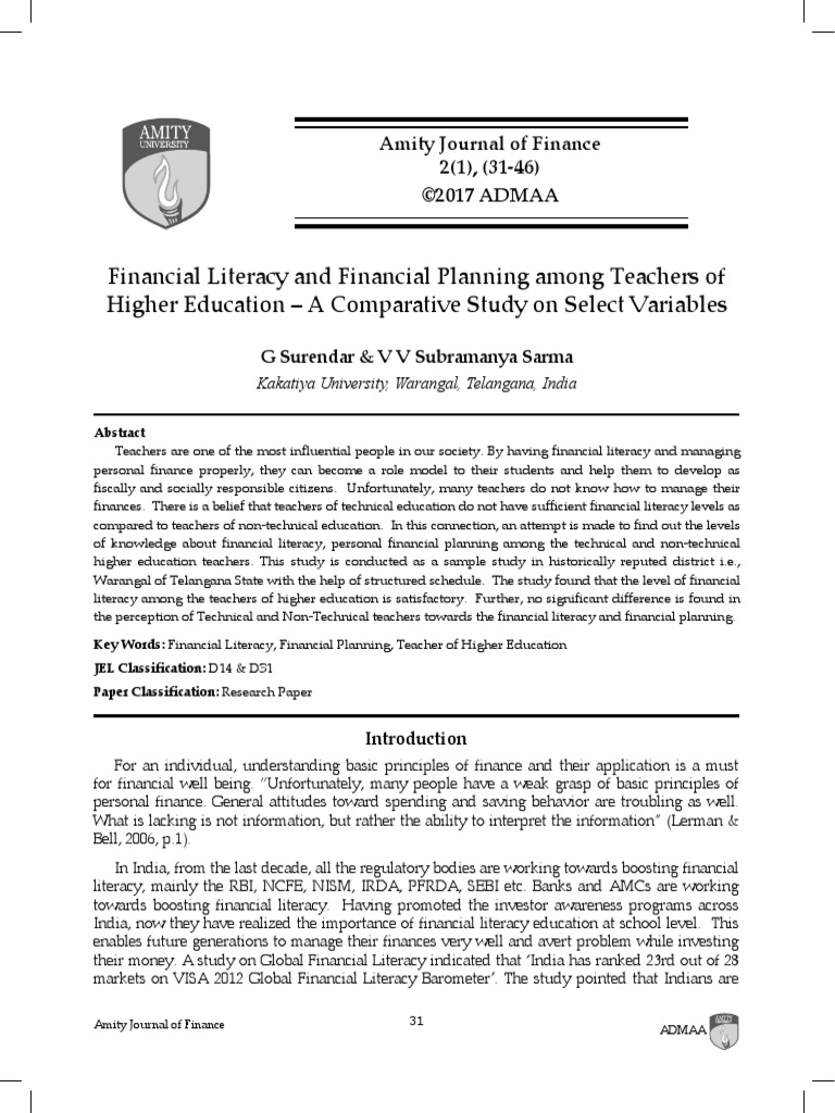 Financial Literacy and Financial Planning Among Teachers of Higher Education | Download Free PDF ...