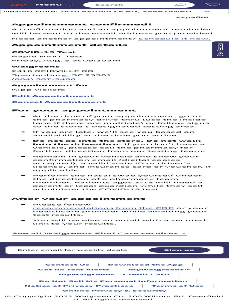 COVID-19 Testing Confirm Appointment Walgreens | PDF | Business