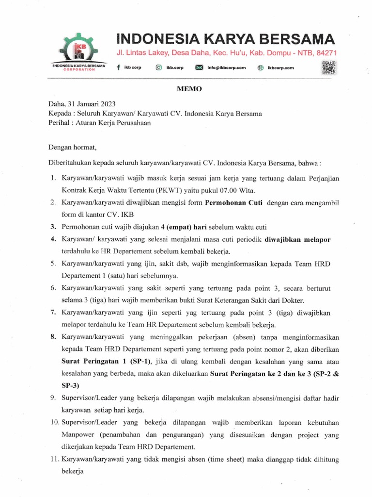 MEMO - Aturan Kerja Perusahaan - 20230131 - 0001 | PDF
