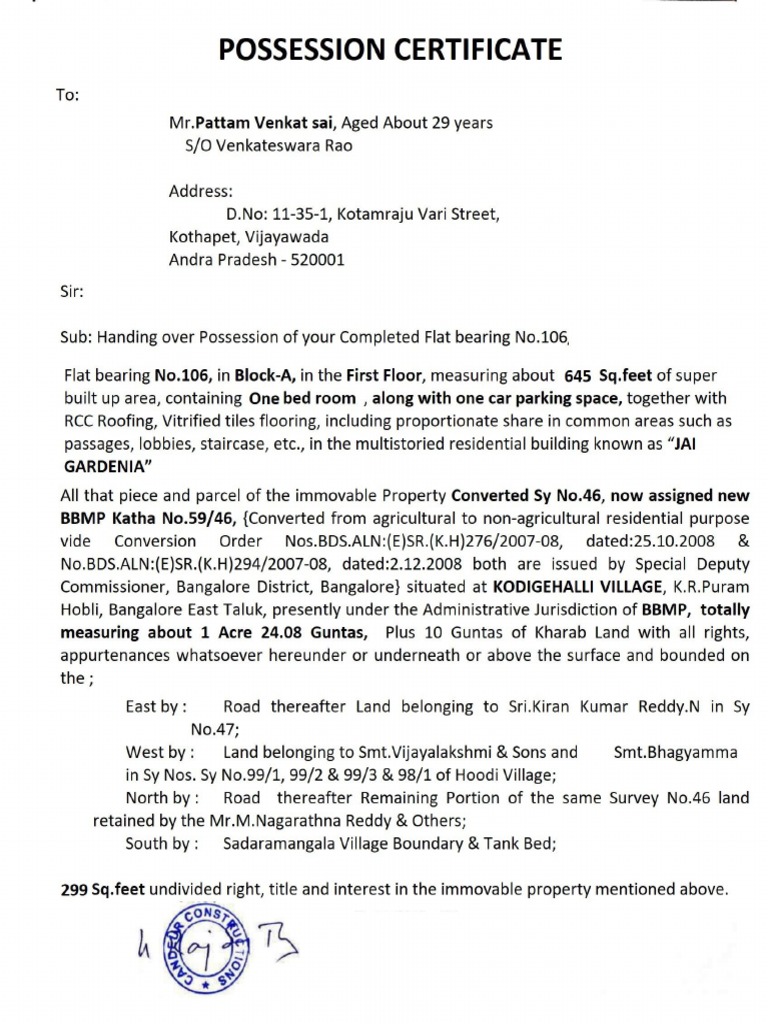 Flat Possession Certificate | PDF