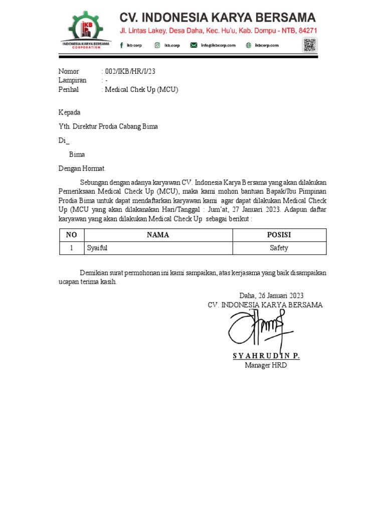 Surat Pengantar MCU Syaiful | PDF