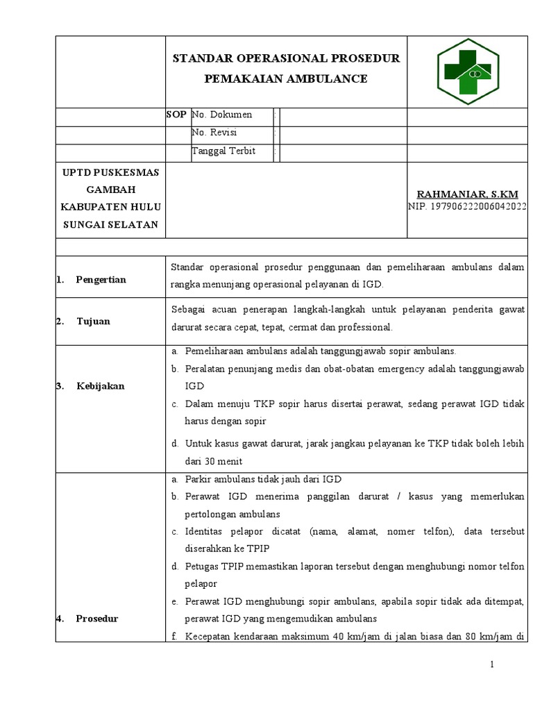 SOP Penggunaan Ambulance Puskesmas | PDF