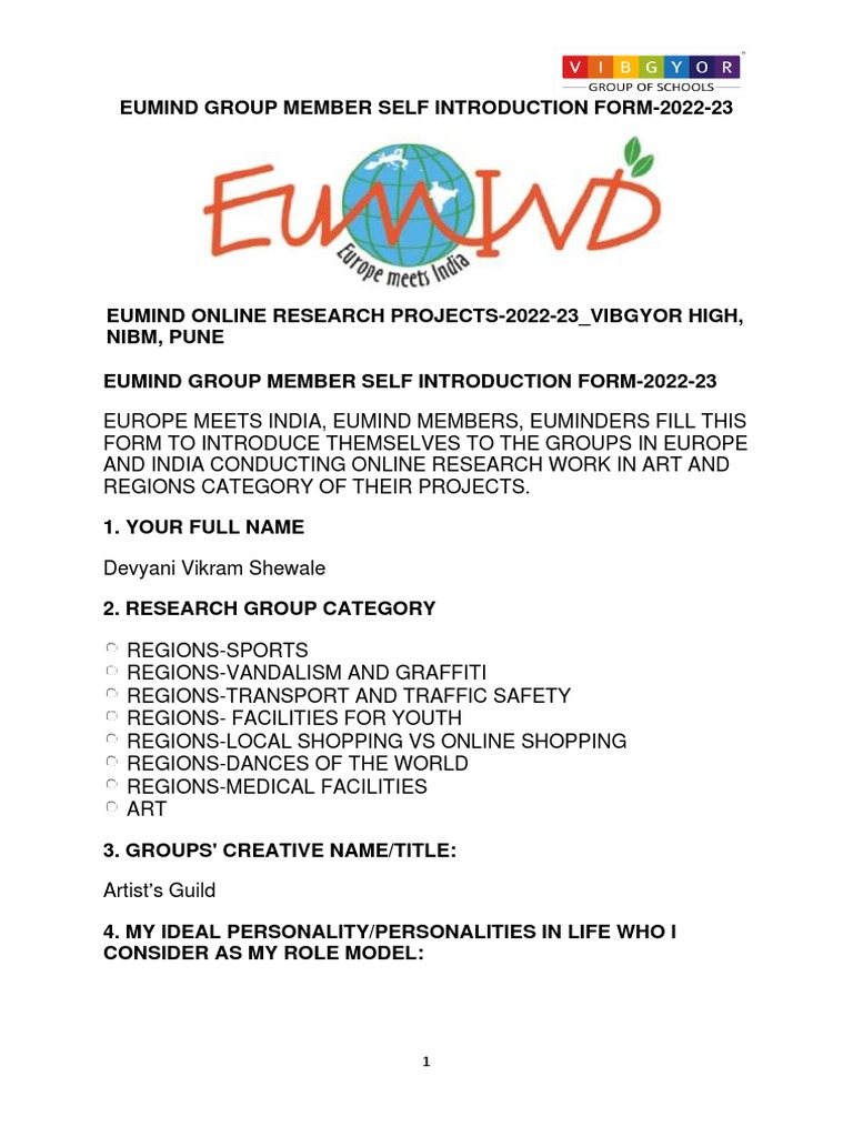 EUMIND Self-Introduction Form 2022-23 | PDF | Career & Growth