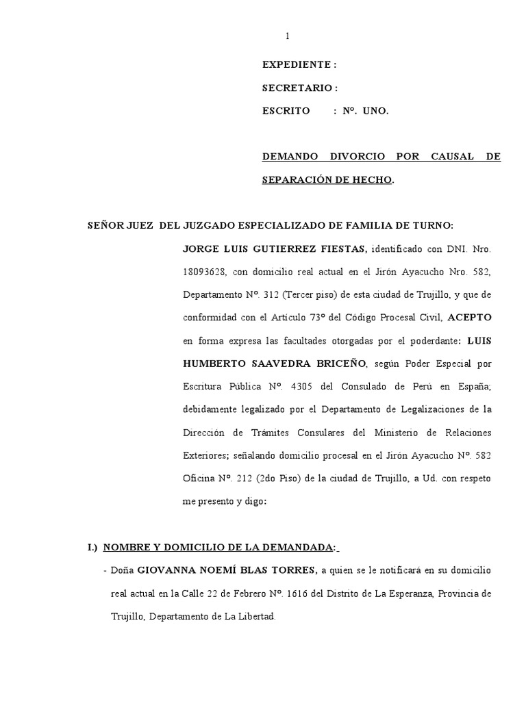 Saavedra Briceño. - Demanda Con Poder. | PDF | Divorcio | Ley procesal