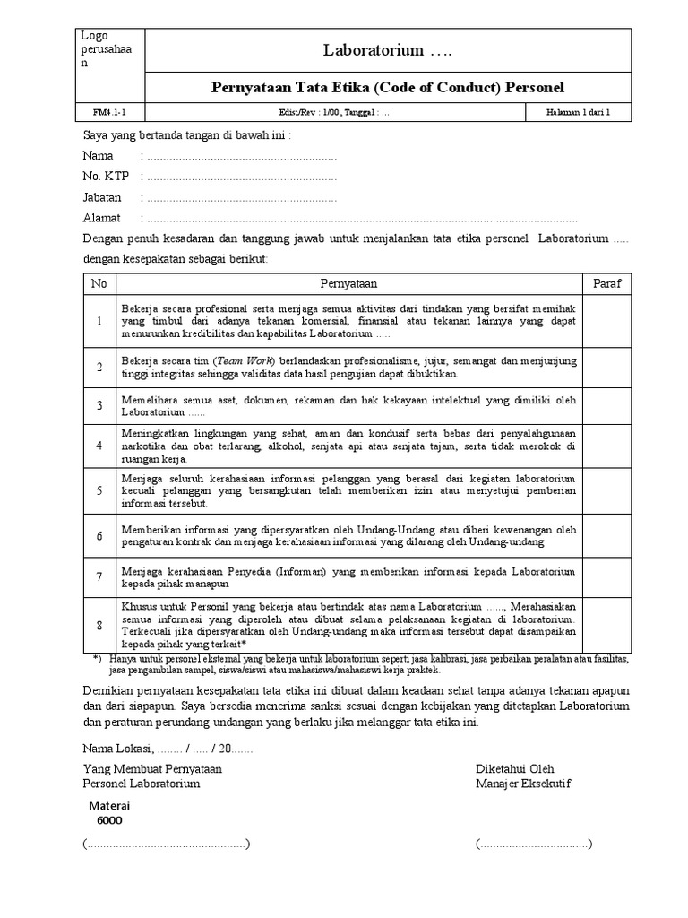FM4.1-1 Pernyataan Tata Etika (Code of Conduct) Personel | PDF