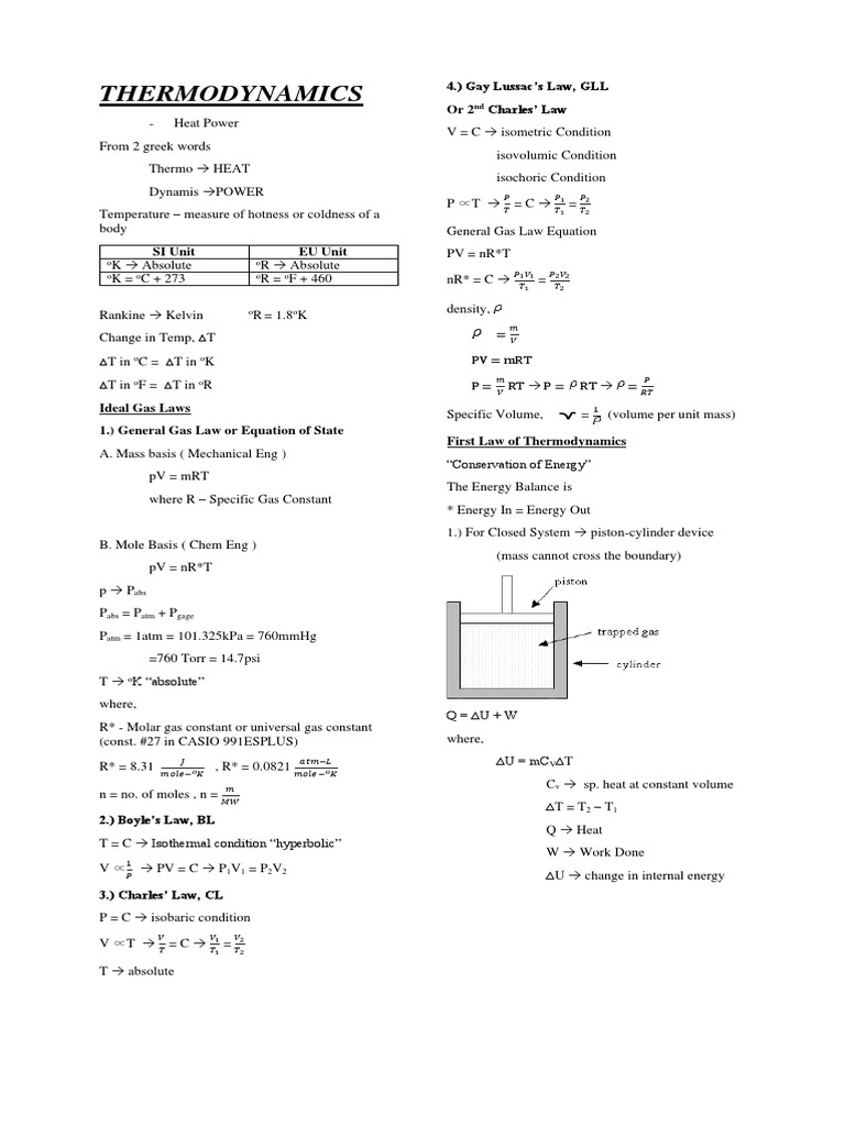 Thermodynamics Formulas | PDF | Heat | Gases