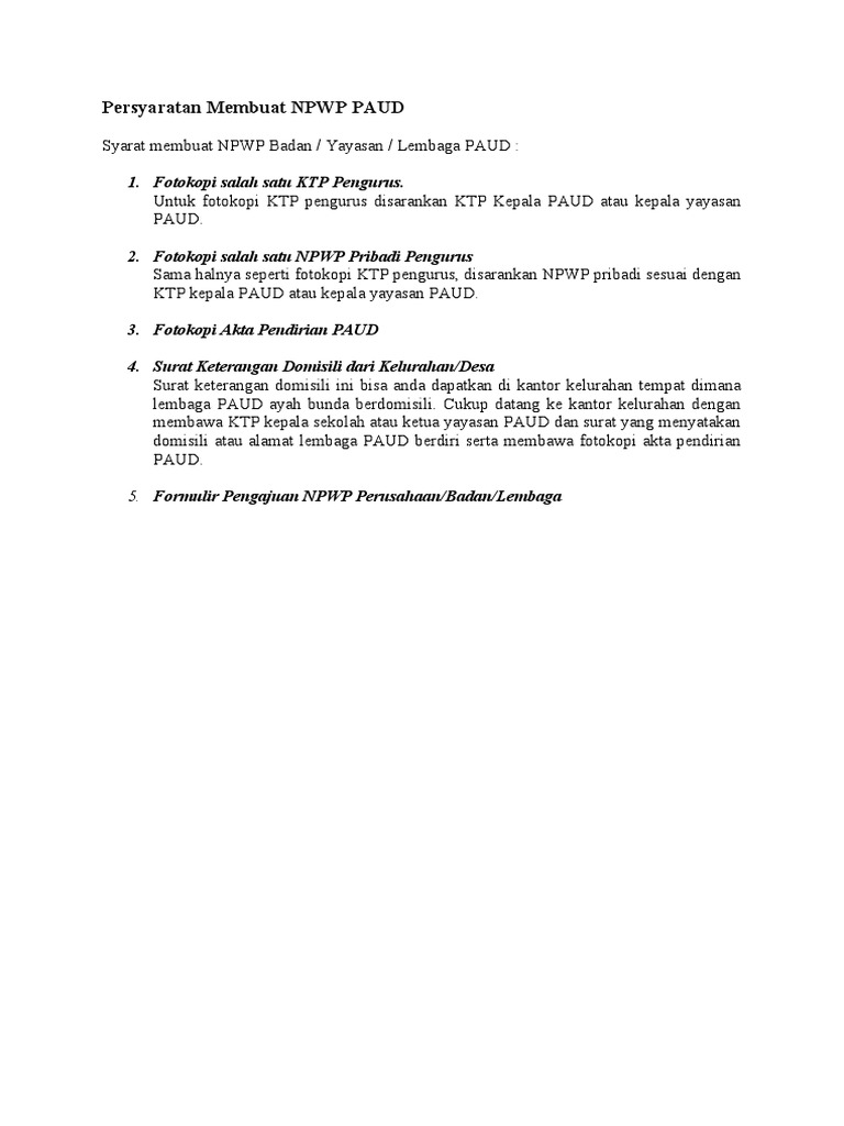 Persyaratan Membuat NPWP PAUD | PDF