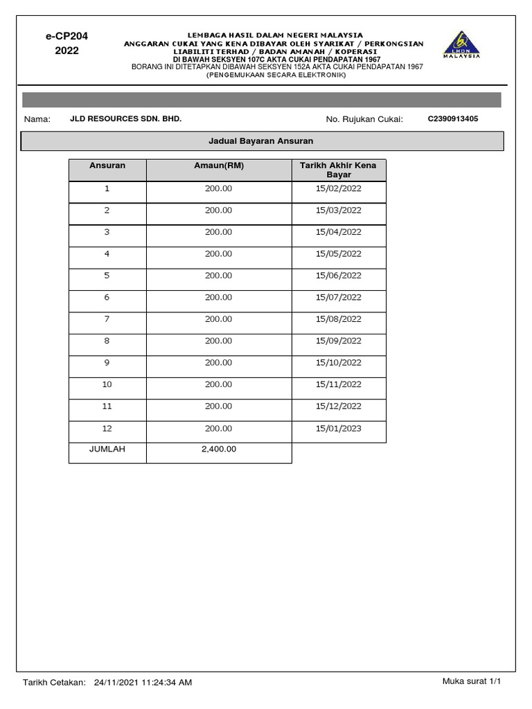Jadual Bayaran Ansuran CP204 - JLD RESOURCES SDN BHD | PDF