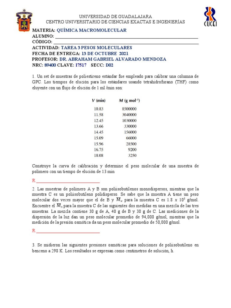 Tarea 3. Pesos Moleculares | PDF | Elución | Cantidades fisicas