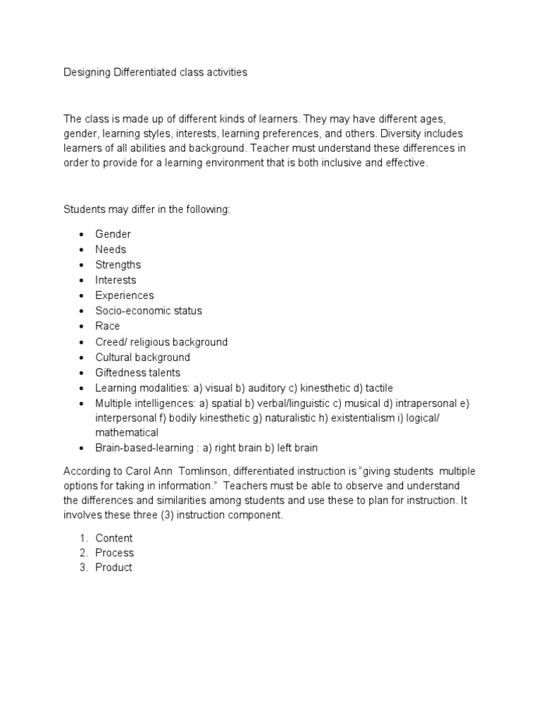 Designing Differentiated Class Activities | PDF | Differentiated ...